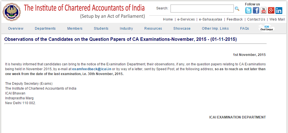 ICAI : Observations of Candidates on Question Papers of CA Exams June 2024