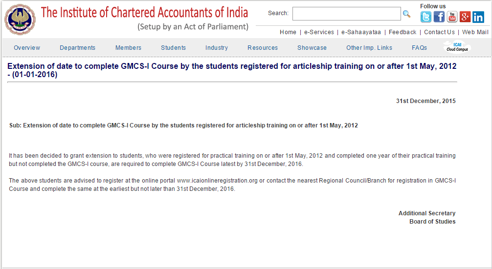 ICAI Extends GMCS 1 Course Time For Students Registers For Articleship ... ICAI Extends GMCS 1 Course Time For Students Registers For Articleship ...