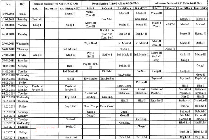 Matsya University BA 1st Year Time Table 2019 Regular / Private Exam Date