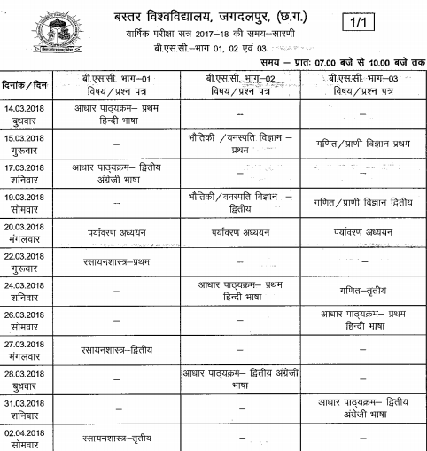 Bastar University Ba Bsc Bcom Time Table 2020 1st 2nd 3rd Final Year