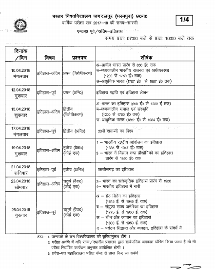 Bastar University BA Time Table 2020 BVVJDP BA 1st 2nd 3rd Year Date ...